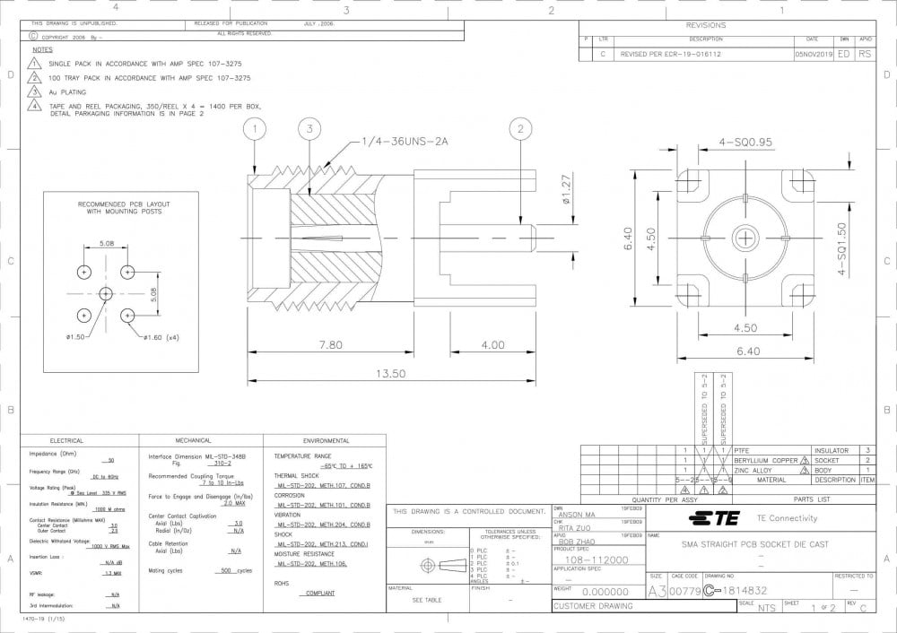 TE Connectivity 5-1814832-2 technical drawing page 1