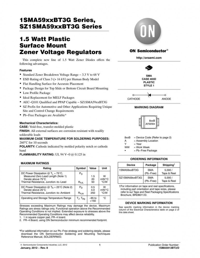 1SMA5929BT3G datasheet page 1