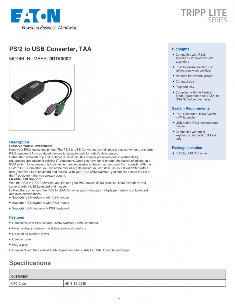 0DT60002 product documentation, page 1