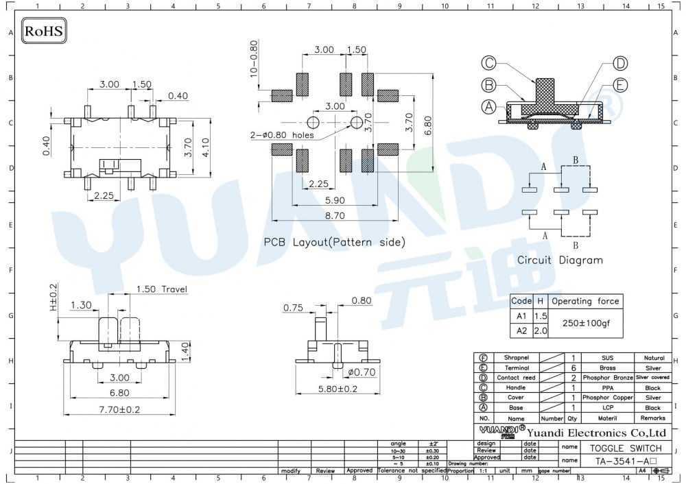 Yuandi TA-3541-A1 toggle switch technical drawing