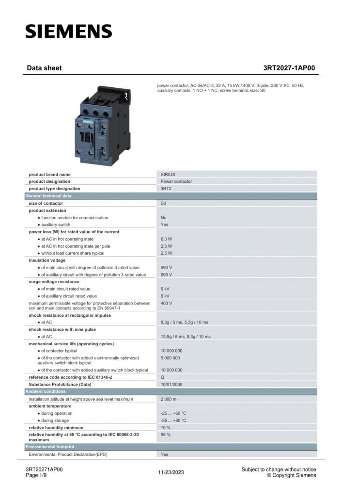 3RT60271AP20 technical document page 1