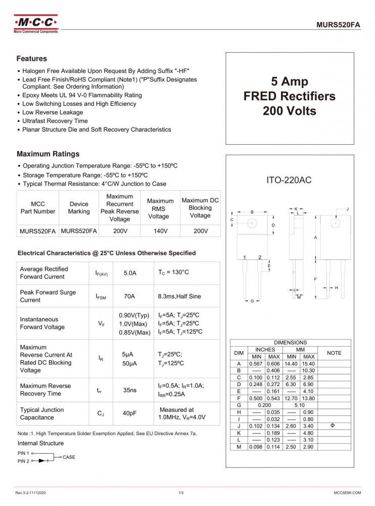 MURS520FA-BP datasheet page 1