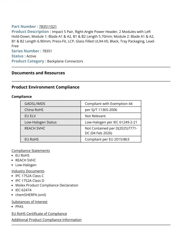 MOLEX 783511021 document image, page 1