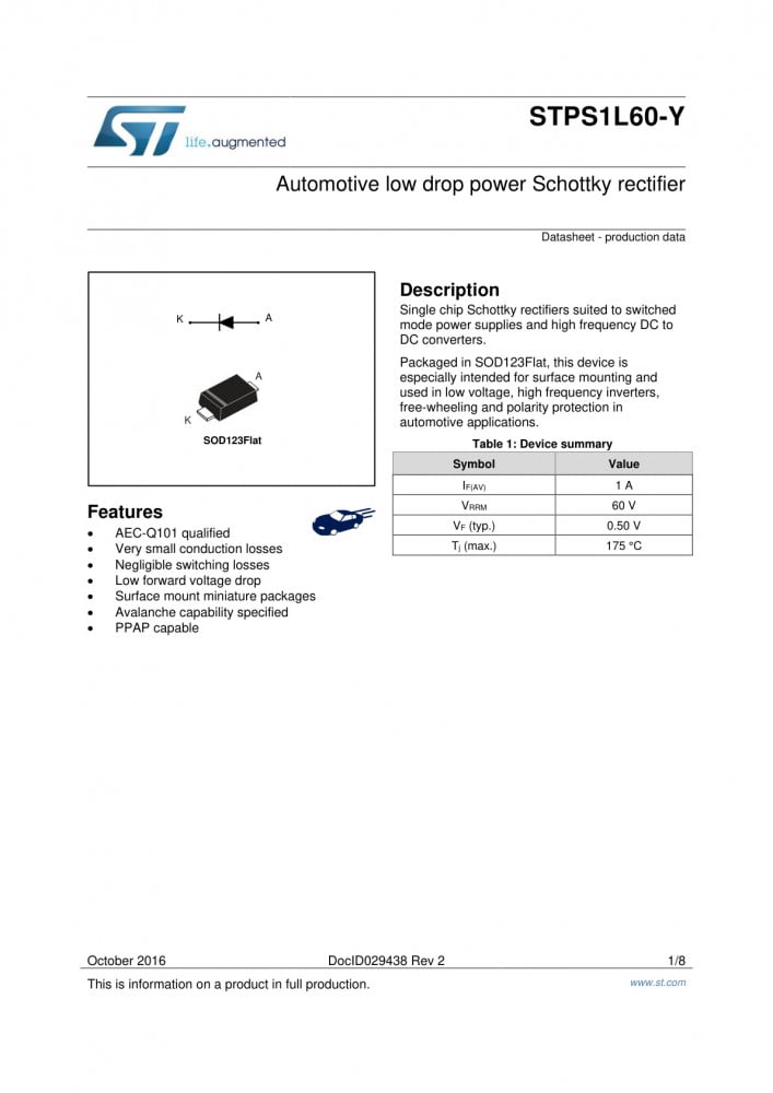 STPS1L60ZFY datasheet page 1
