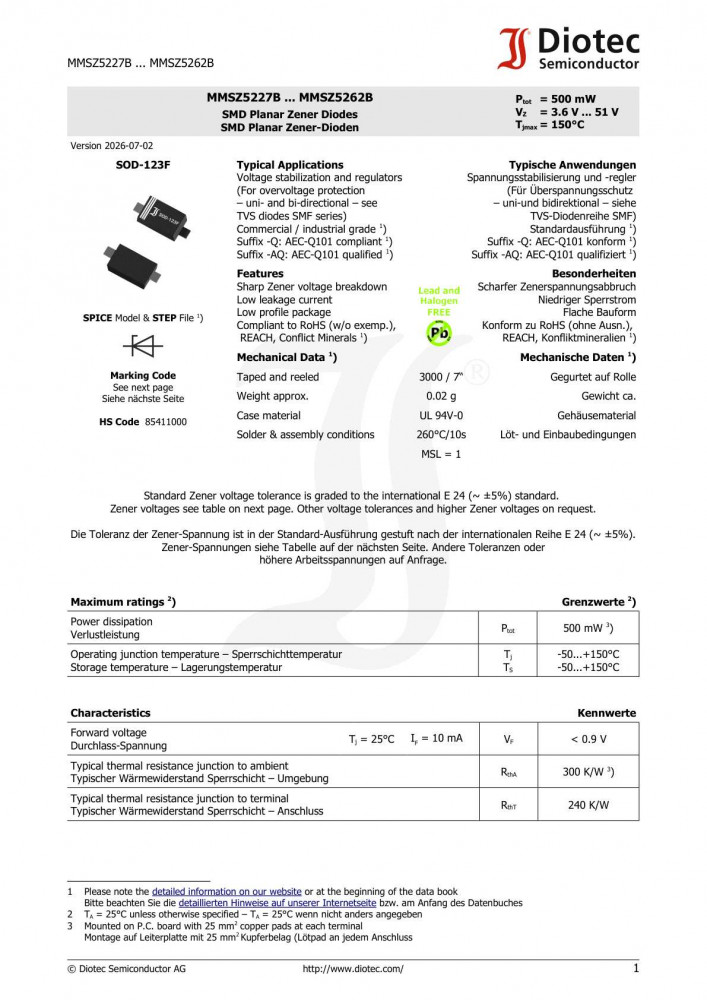 DIOTEC MMSZ5257B-AQ document page 1
