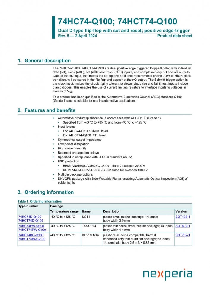 74HC74PW-Q100 datasheet page 1