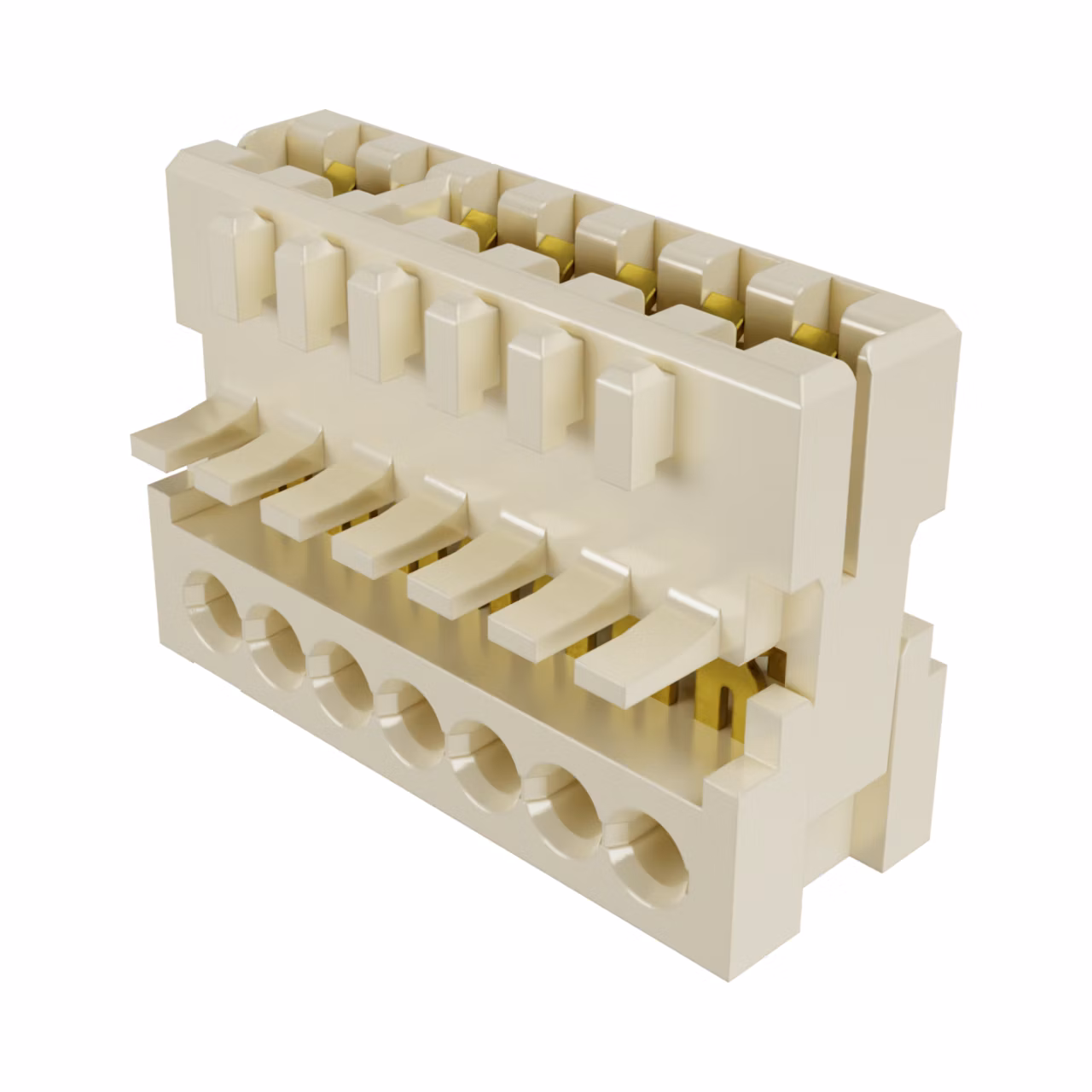 Appli-Mate RAST 2.5 Connector, 2.50mm Pitch, Female, 7 Circuits, Positions A and H Removed, Polarizing Rib Between 2/3, Locking Pips, Slotted Endwalls, Gold Plating for sale