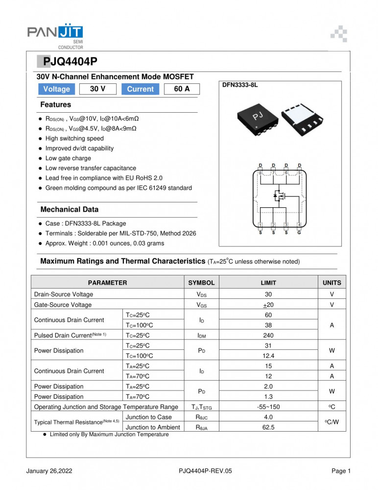PJQ4404P datasheet page 1