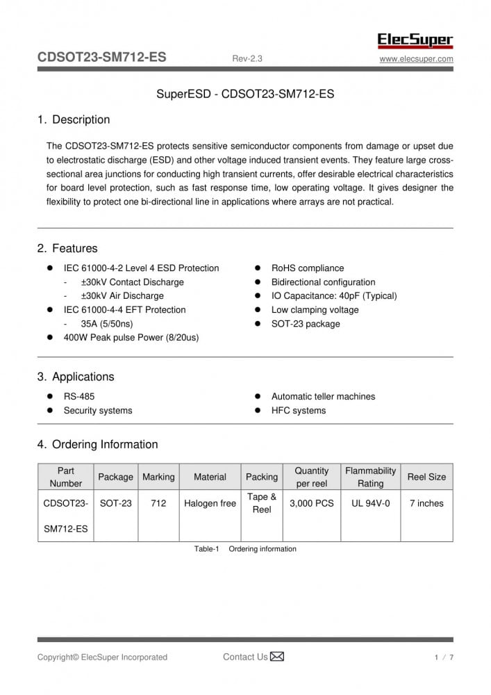 CDSOT23-SM712-ES datasheet page 1