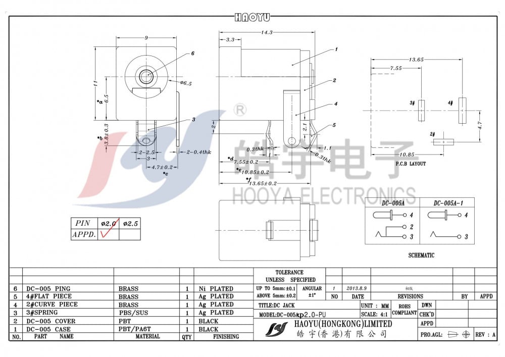HOOYA DC-005Aφ2.0-PU technical drawing