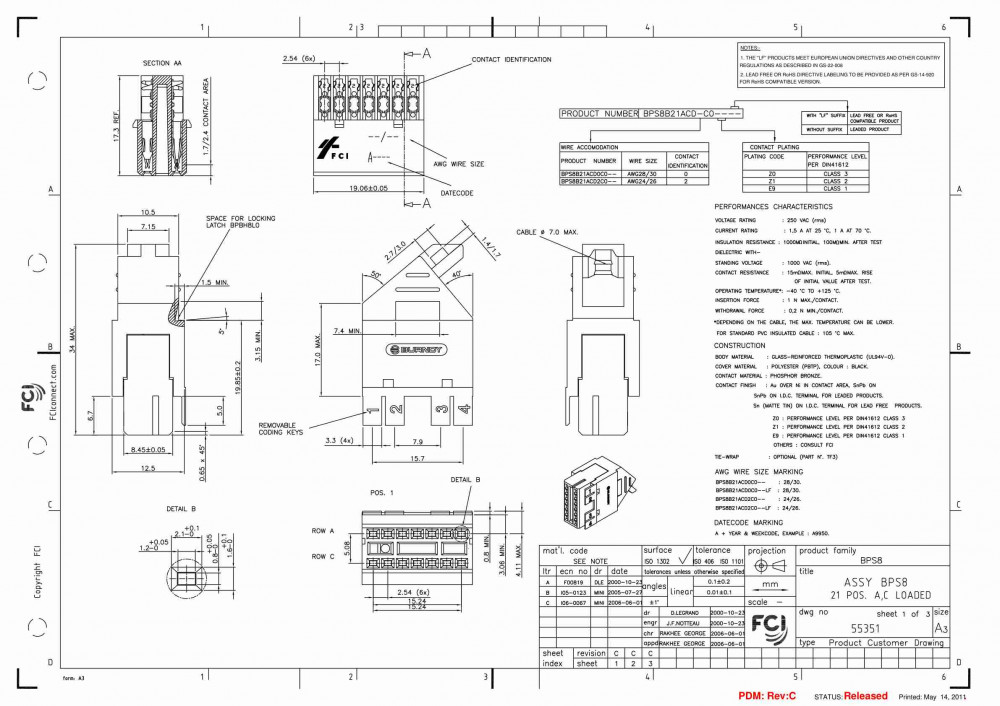 Amphenol BPS8B21ACD0C0Z1LF technical drawing page 1