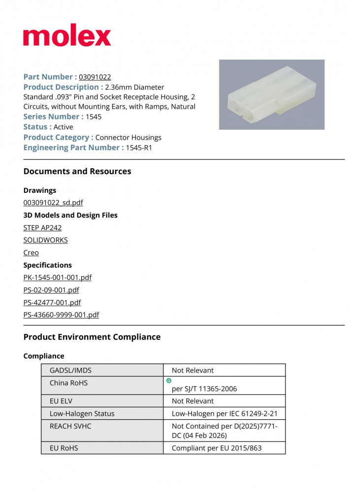 Molex .093 standard pin and socket terminals document, page image 1