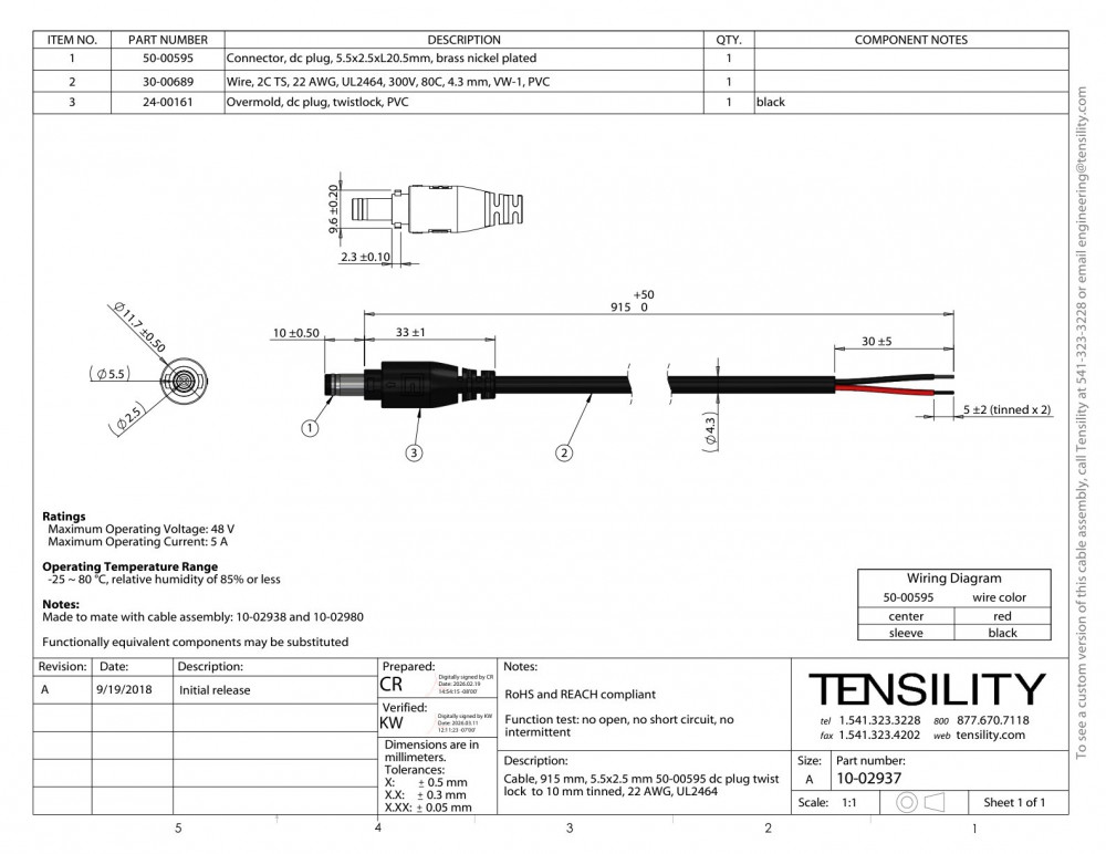 Tensility International 10-02937 product drawing and wiring information