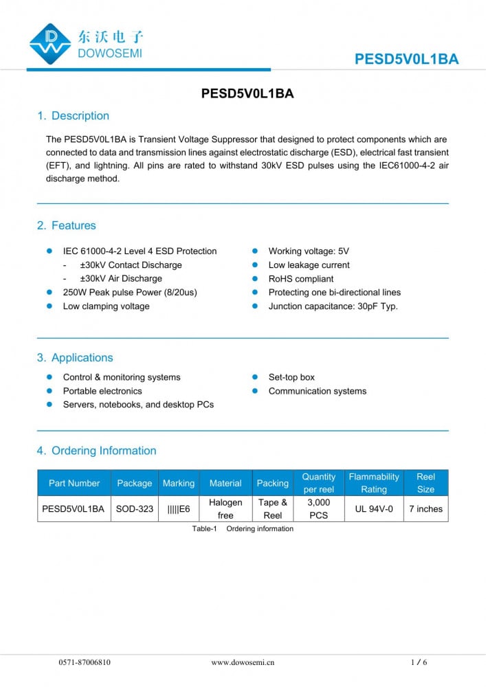 PESD5V0L1BA datasheet page 1
