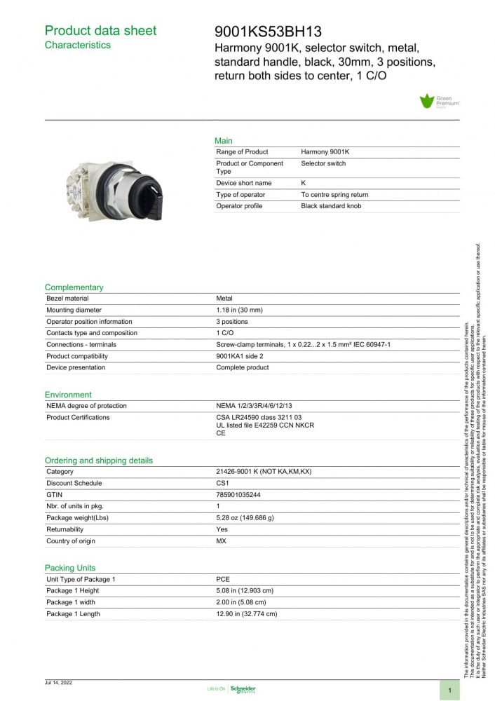 9001KS53BH13 technical document page 1