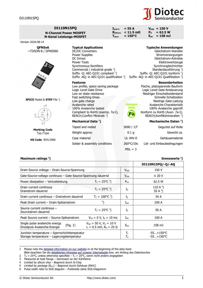 DI110N15PQ technical document page 1