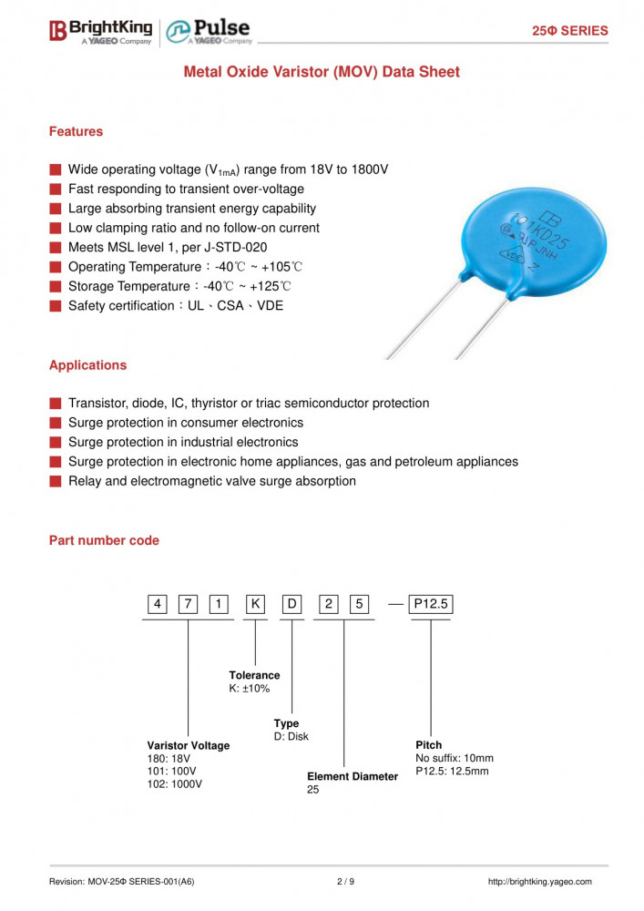 Brightking MOV datasheet page 1