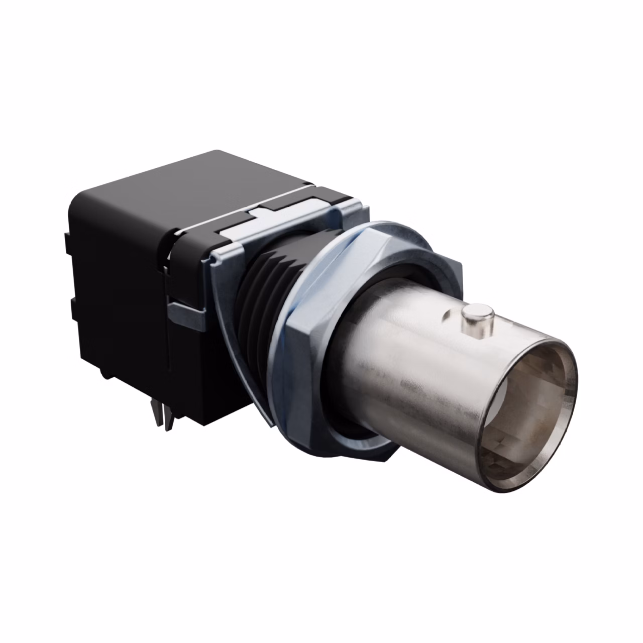 BNC Jack, Right-Angle, Bulkhead Receptacle, PCB, with Board Lock Legs, Filtered, Panel Isolated, Black PBT Housing, Housing Height 13.16mm, Nut and Lockwasher Included, Tin Plated Leads, 50 Ohms for sale