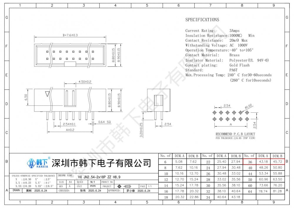 HX JN2.54-2x18P ZZ H8.9 technical drawing