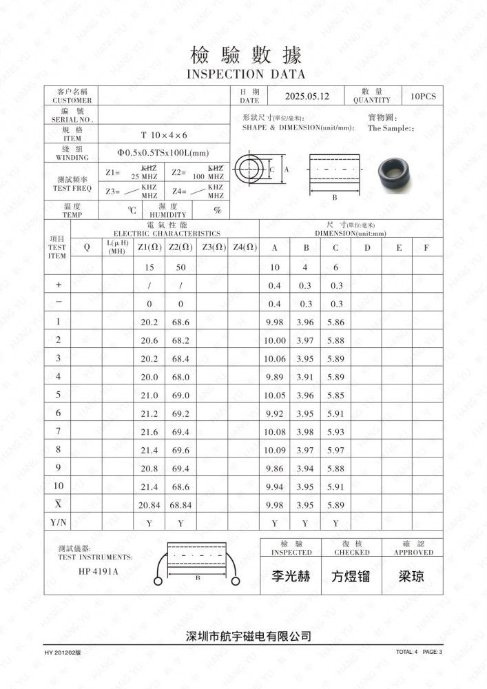 T10×4×6 inspection data page