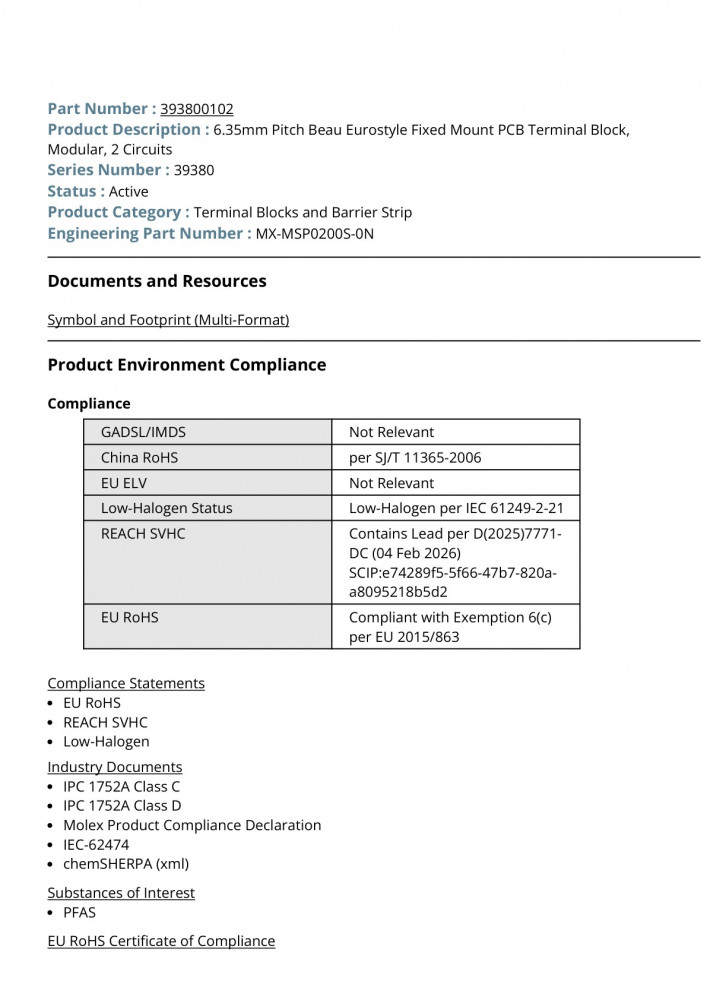 Technical document image 1 for MOLEX 393800102