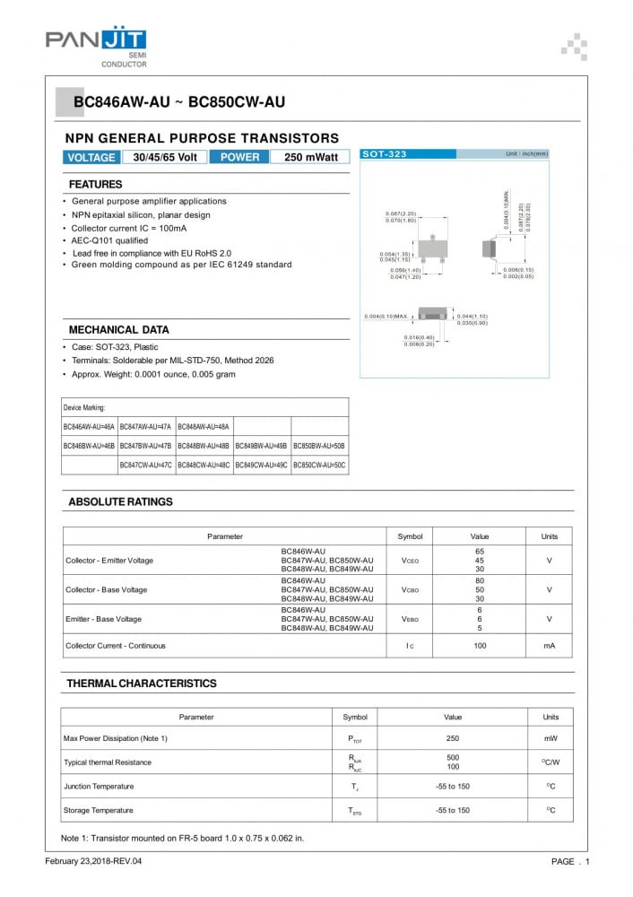 PANJIT BC846BW-AU datasheet page 1