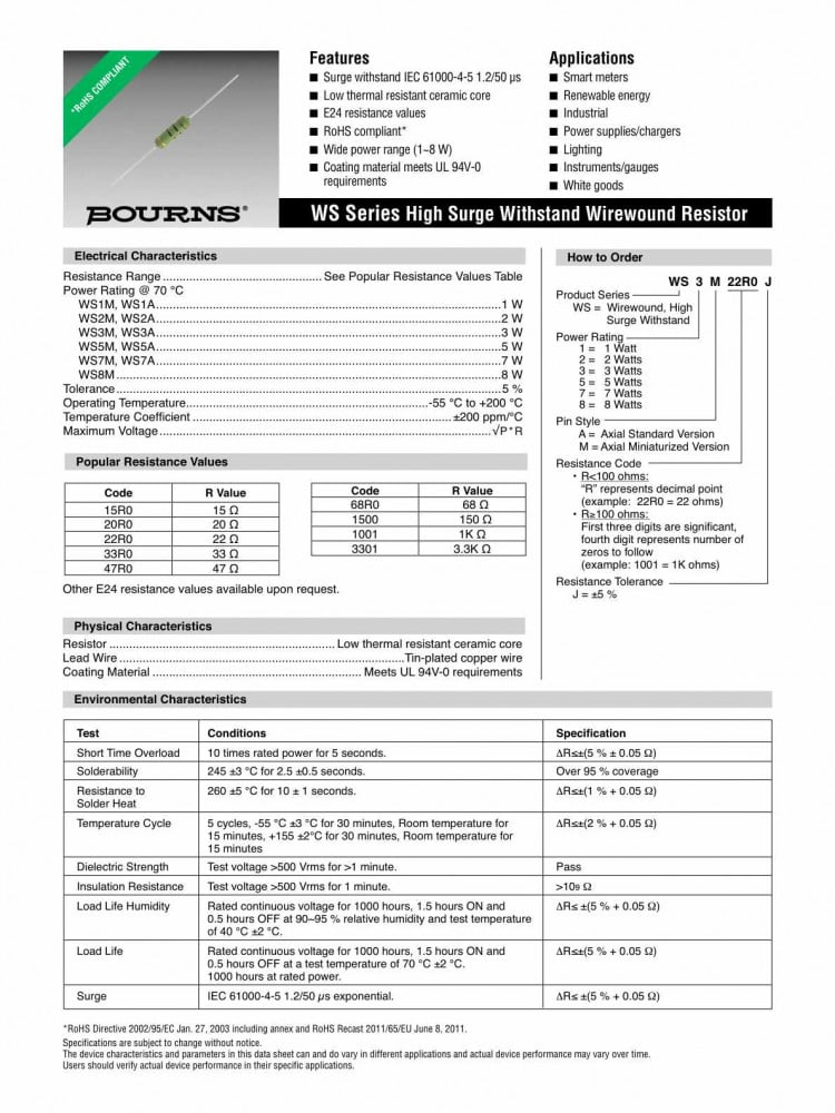 BOURNS WS Series datasheet page 1