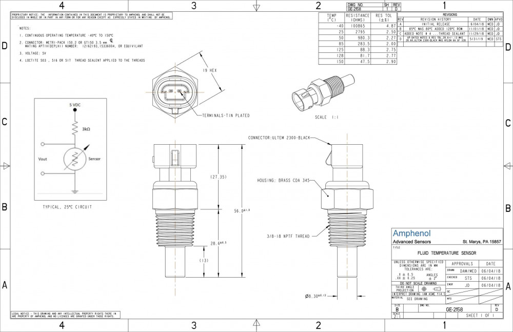 GE-2158 fluid temperature sensor technical drawing