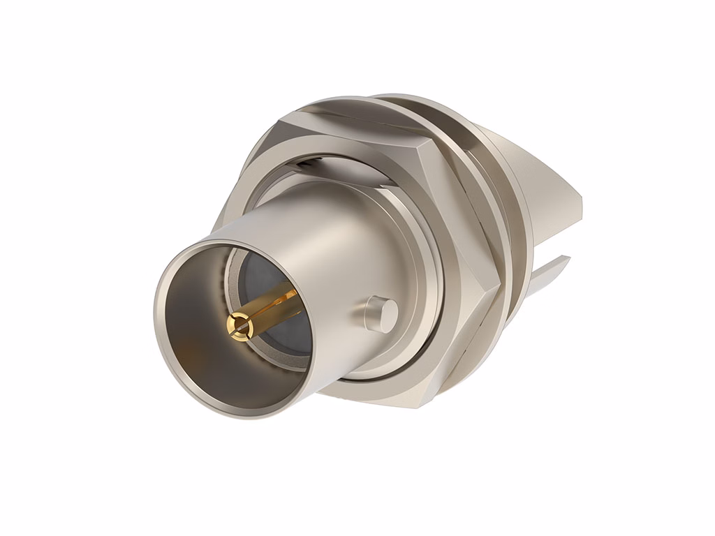 Mini-BNC Jack, Straight, Crimp, Bulkhead, RG-179 Cable, Brass Body, Nickel (Ni) Plated, with Jam Nut and Lockwasher, Tray, 75 Ohms