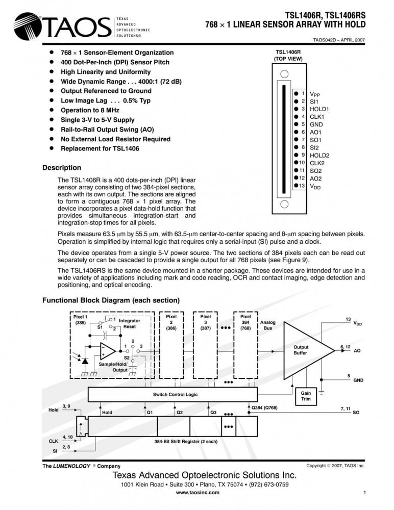 TSL1406RS datasheet page 1