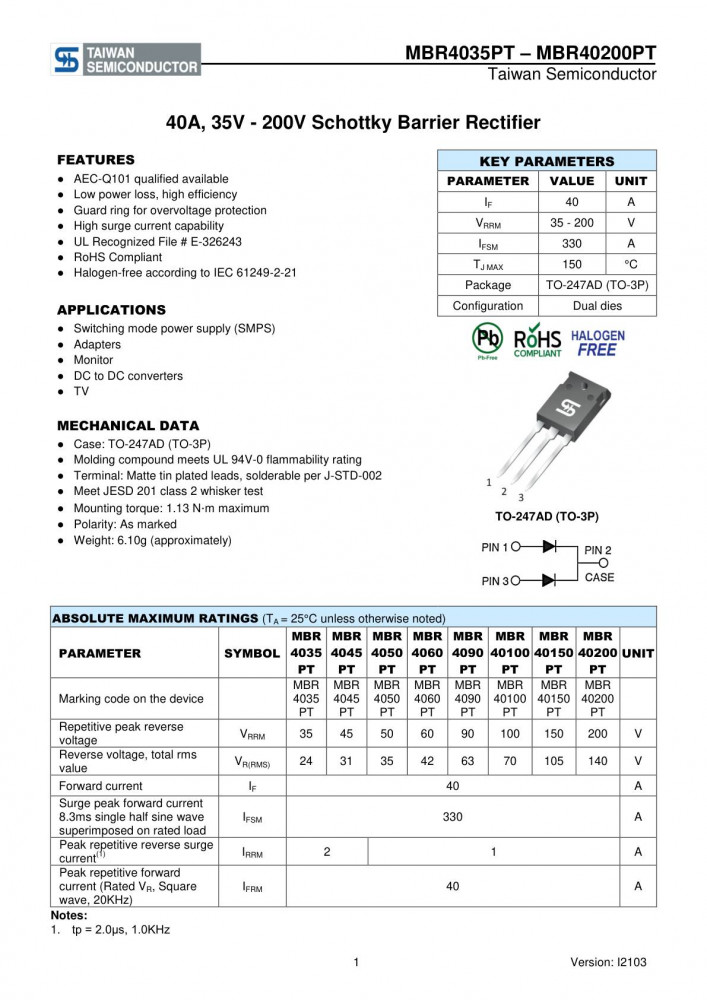 MBR40100PT datasheet preview, page 1