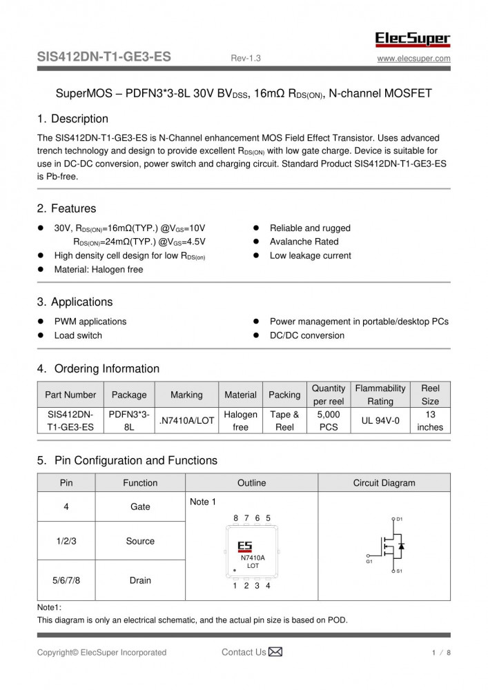 SIS412DN-T1-GE3-ES datasheet page 1
