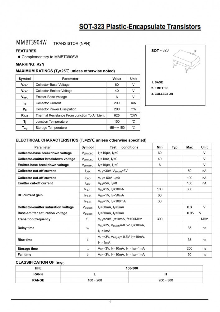 JTD MMBT3904W datasheet page 1