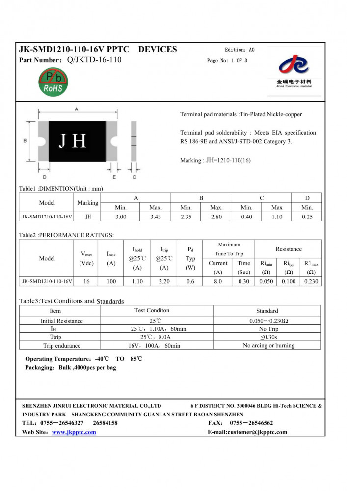 Jinrui JK-SMD1210-110-16V technical document page 1