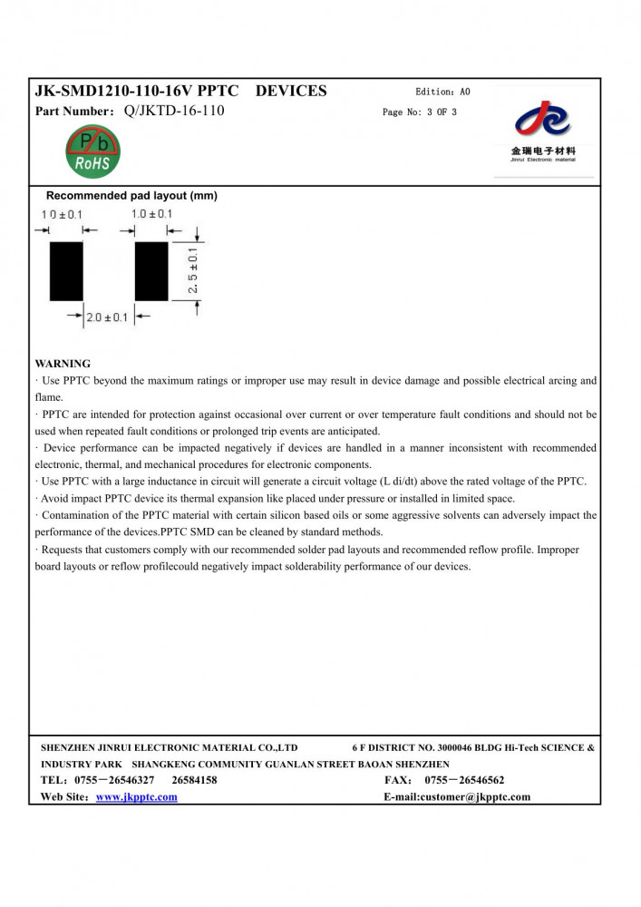 Jinrui JK-SMD1210-110-16V technical document page 3