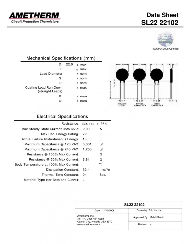 Ametherm SL22 22102 technical document page