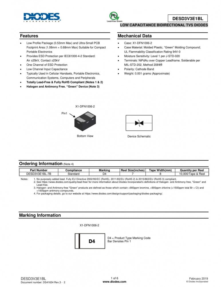 DESD3V3E1BL-7B datasheet page 1