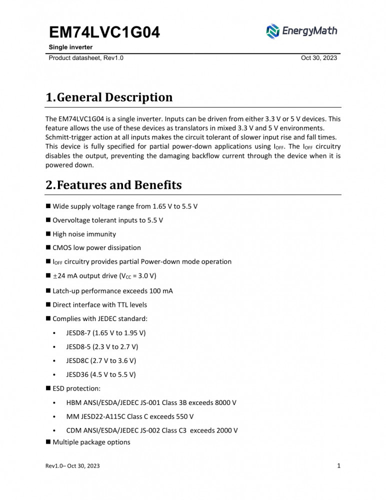 EM74LVC1G04 datasheet page 1