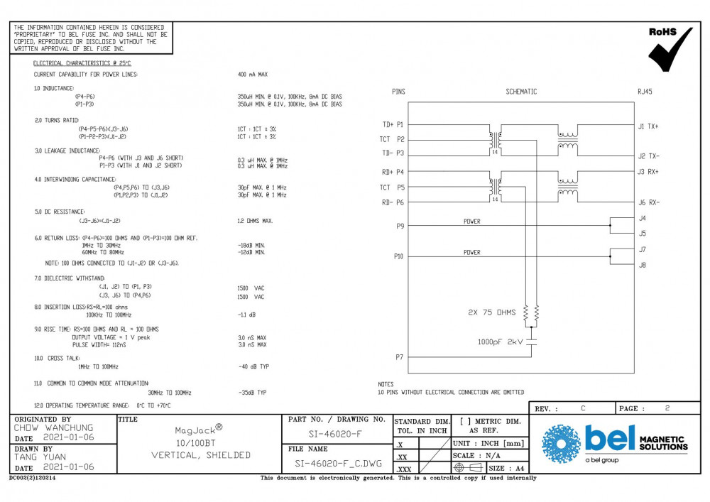 Bel Fuse SI-46020-F technical drawing page 1
