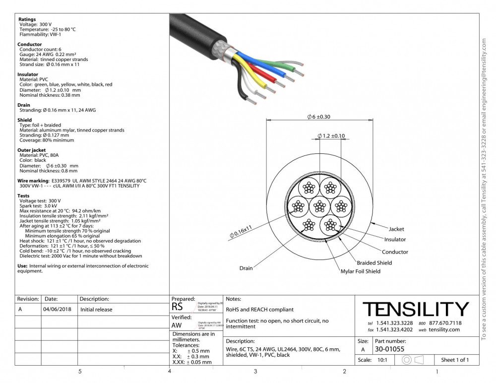 Tensility International 30-01055 cable specification drawing
