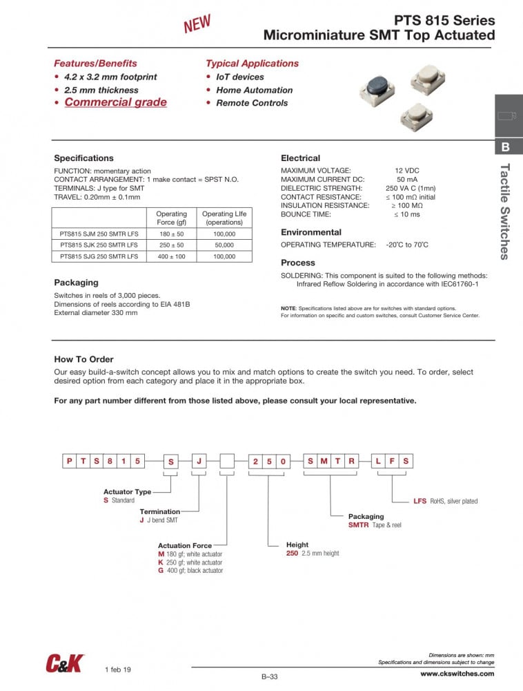 C&K PTS815 product documentation page 1