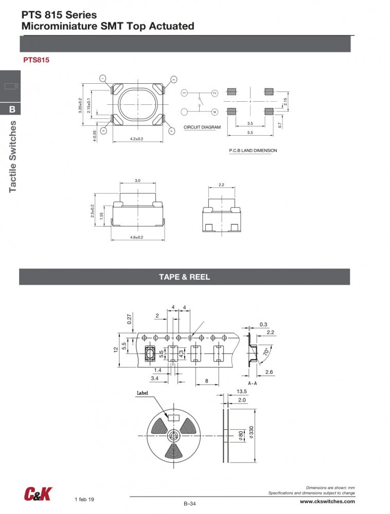 C&K PTS815 product documentation page 2
