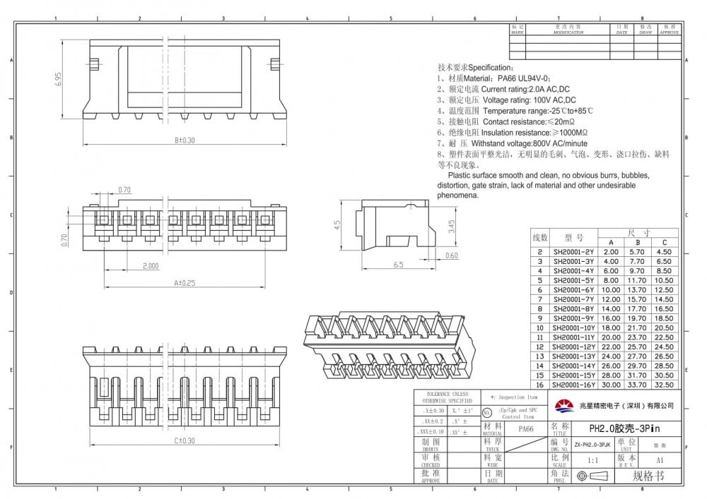 Megastar ZX-PH2.0-3PJK technical drawing