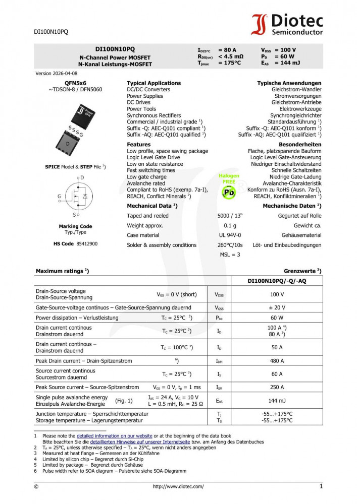 DI100N10PQ datasheet page 1