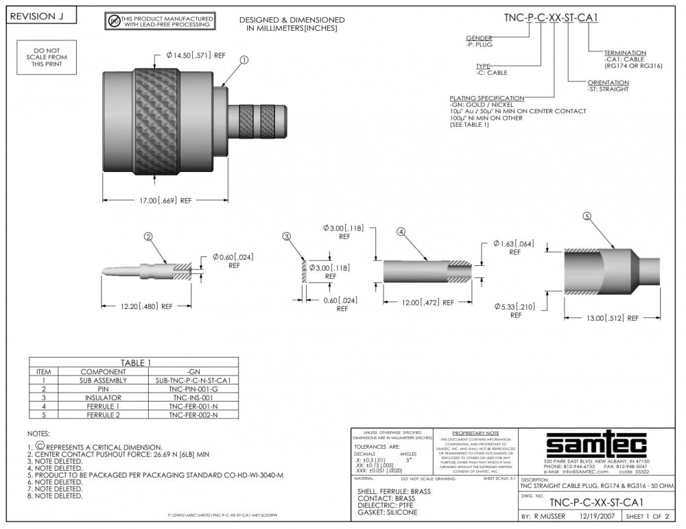 Samtec TNC straight cable plug drawing page 1
