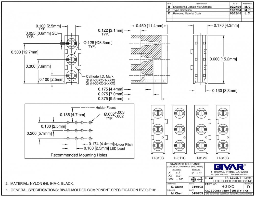 BIVAR H-310C LED holder technical drawing