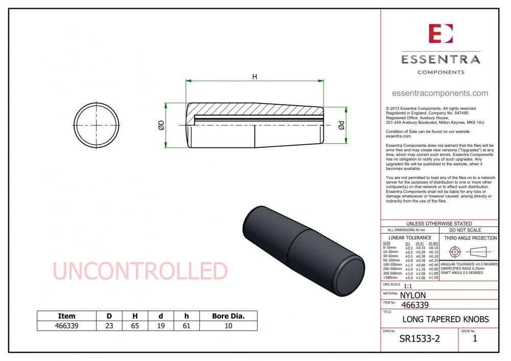 Essentra 466339 long tapered knob technical drawing