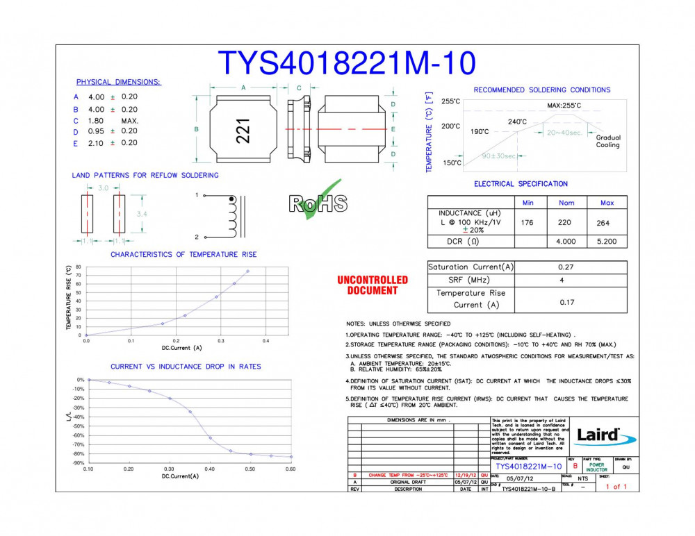 Laird TYS4018221M-10 technical drawing and specification sheet