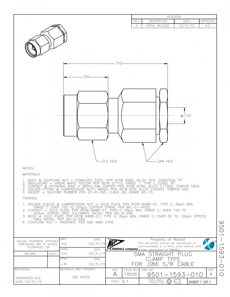 Radiall 9501-1593-010 product drawing