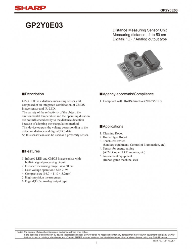 GP2Y0E03 datasheet page 1